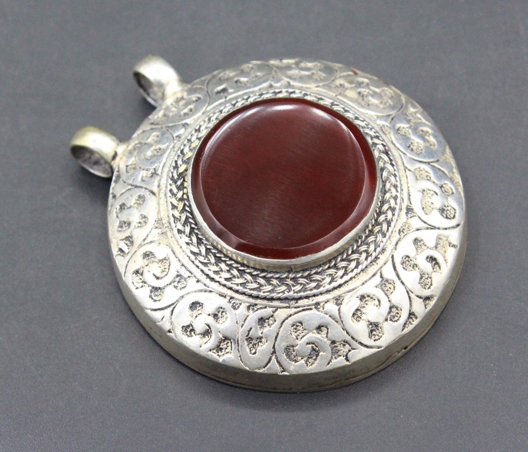 Turkmen Traditional Round Pendant, Carved Alpaka Pendant, Hand Made ...