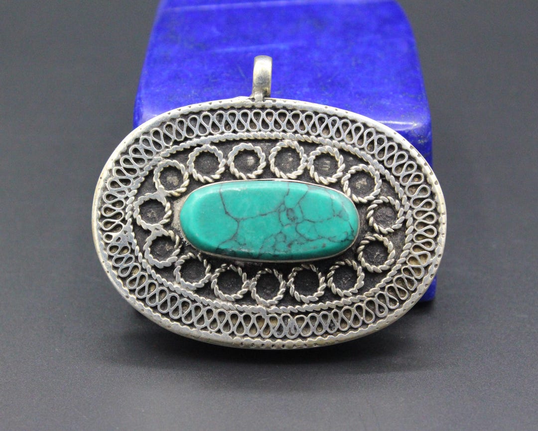Turkmen Traditional Alpaka Pendant, Malachite Stone Oval Pendant ...