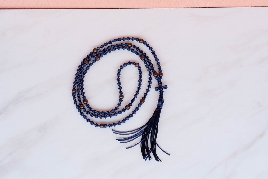 Dark Blue Prayer Rope With Wooden Beads Every 10 Knots, Semi Spaced ...