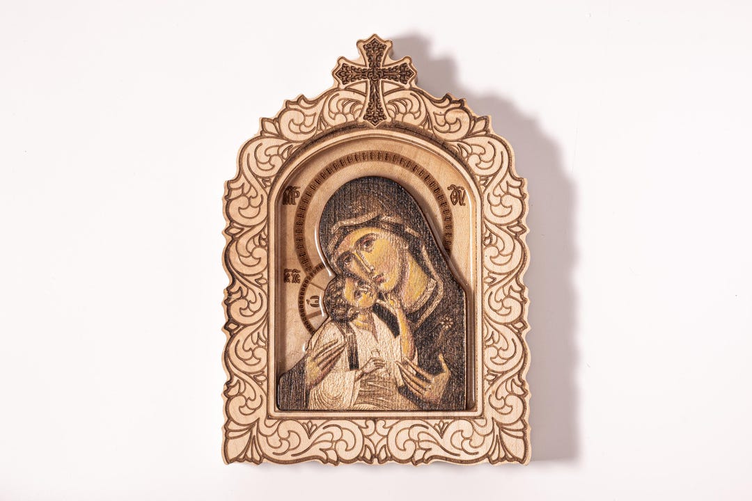 Wood Burning Icon of Theotokos and Jesus Pyrography Religious Art ...