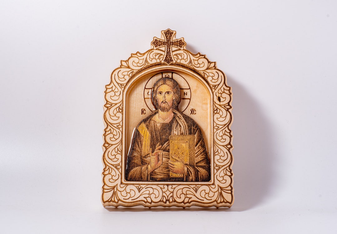 Handcrafted Wooden Icon of Jesus Christ Pyrography Religious Art Plane ...