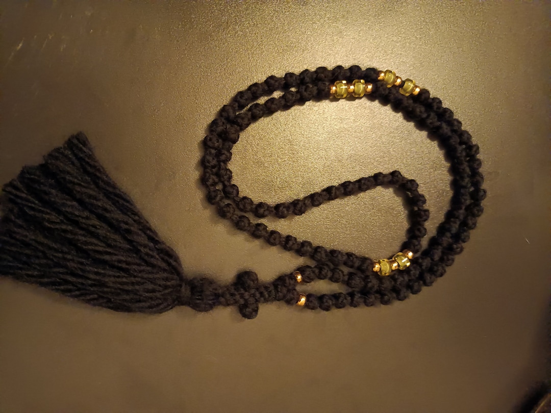 Black Wool Semi Spaced Prayer Rope With Yellow Beads Cross and Tassel ...