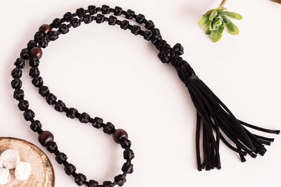 Black Prayer Rope With Wooden Beads Every 10 Knots Semi Spaced ...