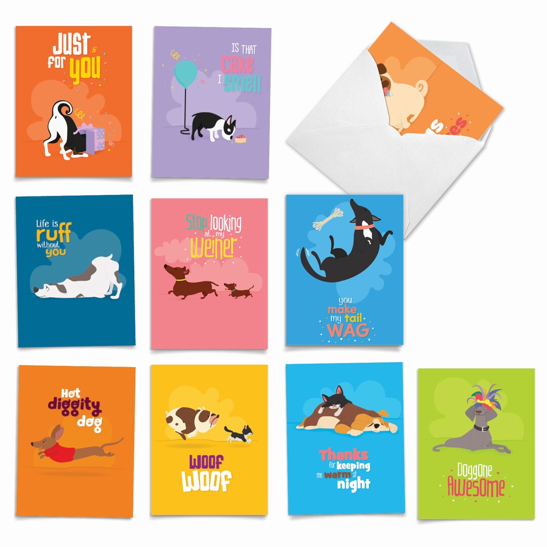 10 Assorted Blank Note Cards Set 4 X 5.12 Inch With Envelopes (10 Designs, 1 Each) DOGGONE ...