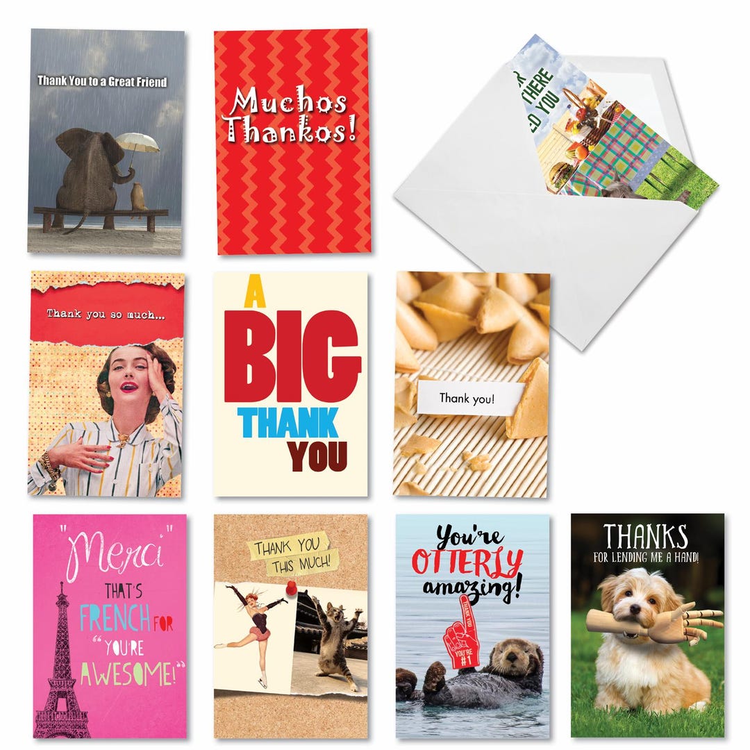 10 Assorted Box Set Funny Thank You Greeting Cards W/5 X 7 Inch ...