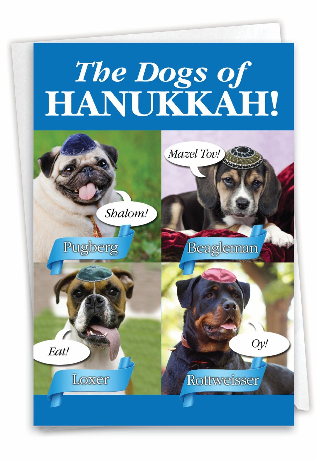 Funny Chanukah Paper Card W/ Envelope - Dogs of Hanukkah - Dogs Wearing ...