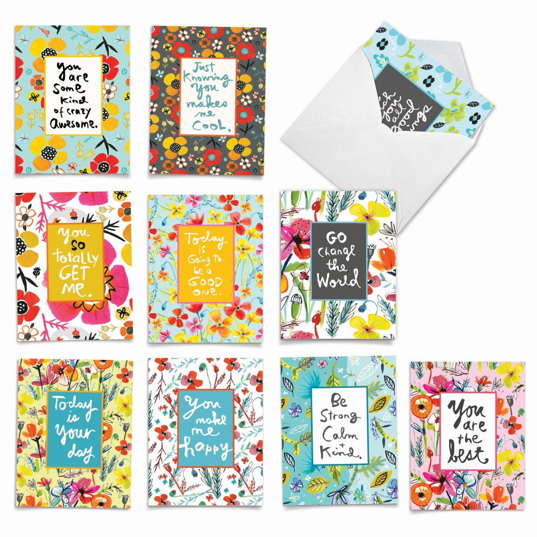 10 Assorted Blank Note Cards Bulk Set 4 X 5.12 Inch With Envelopes (10 Designs, 1 Each) WORDS ...