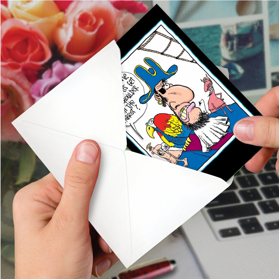 Funny Birthday Greeting Card With Envelope - Bday Angel Parrot Shoulder ...