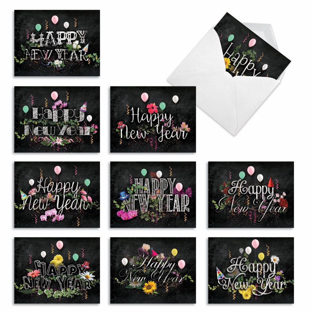 10 Assorted New Year Notecards Pack Set 4 X 5.12 Inch With Envelopes ...