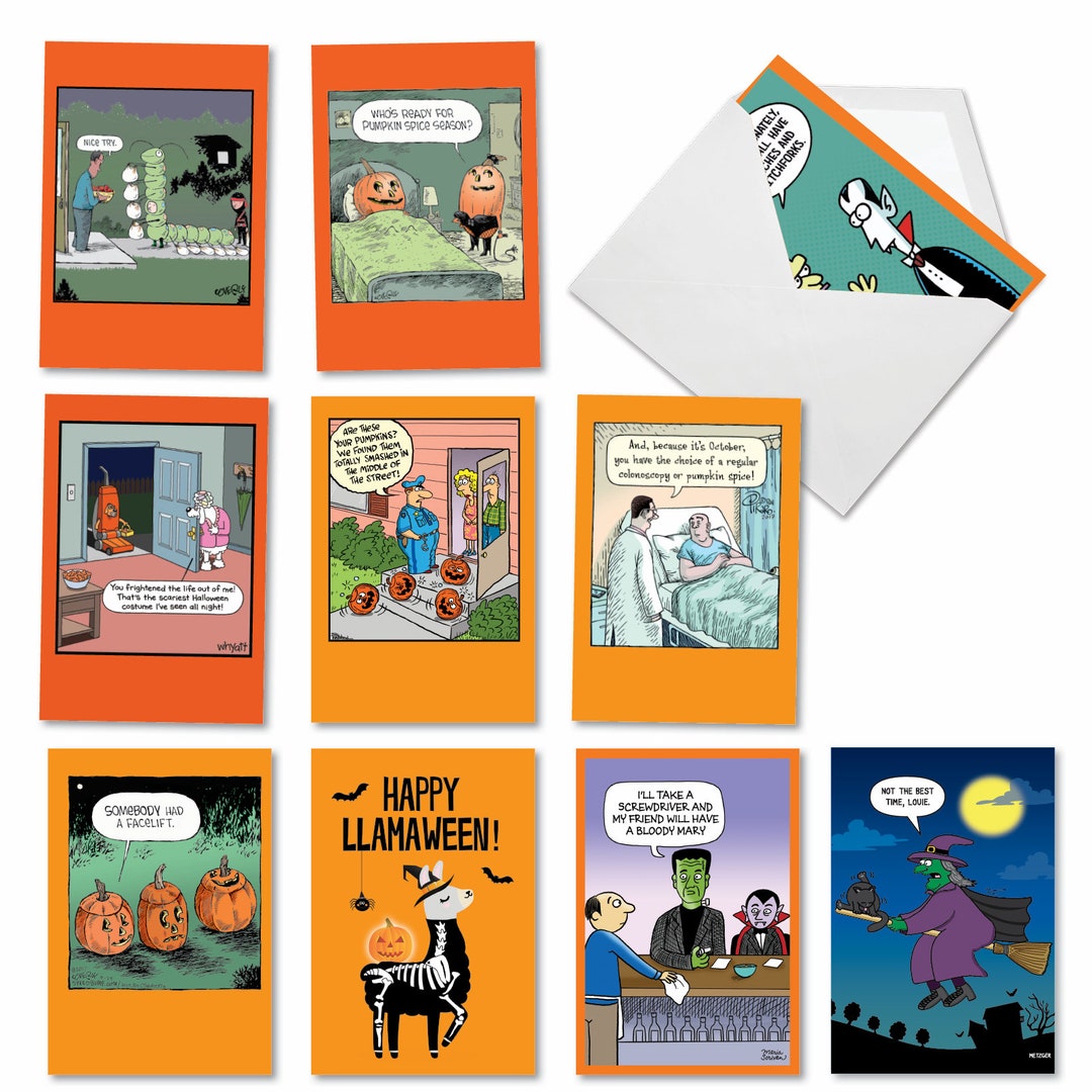 10 Assorted Set Funny Halloween Greeting Cards W/envelopes (10 Designs ...
