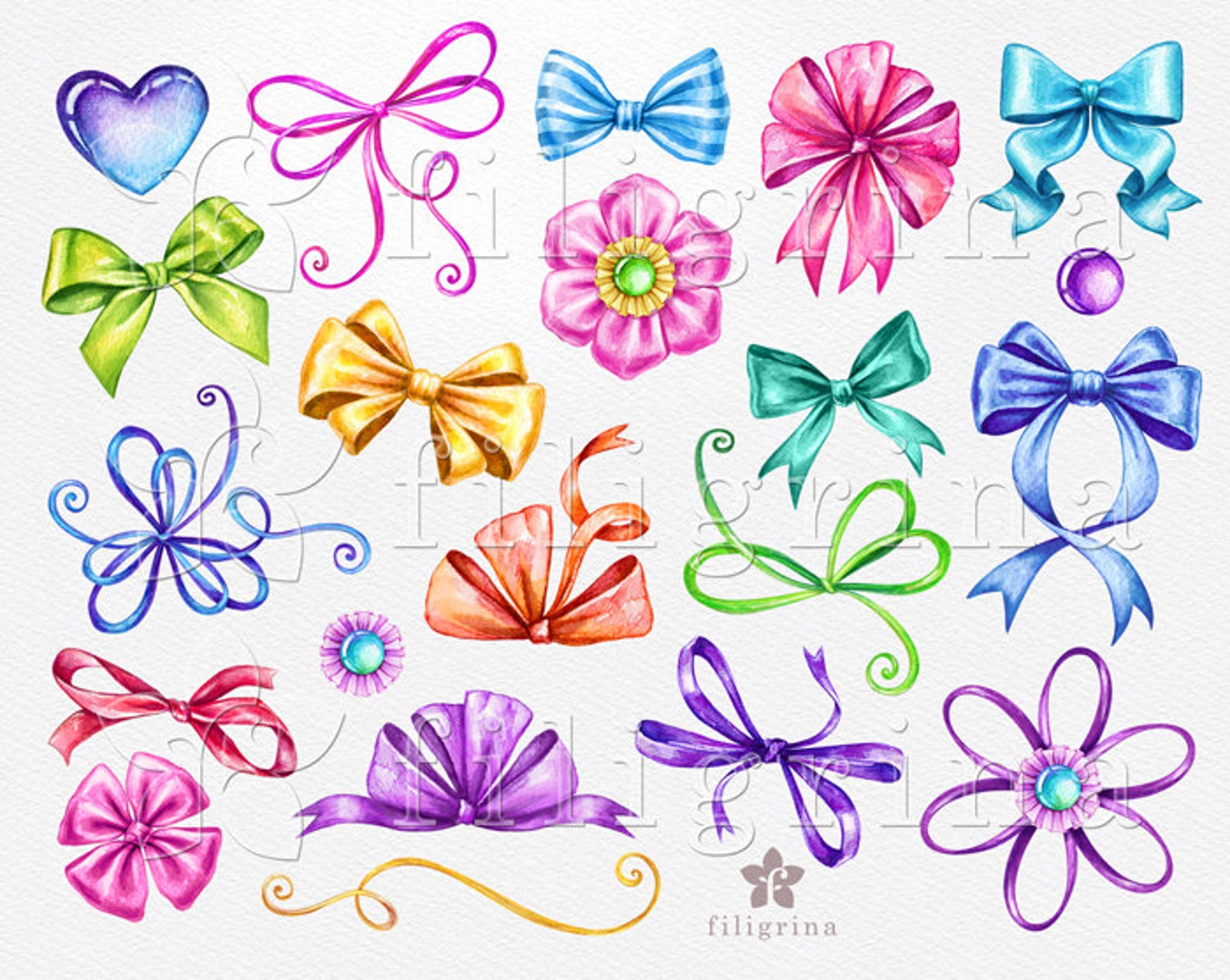Festive BOWS Watercolor Clip Art. Bow Clipart Mix Curl Gift - Etsy