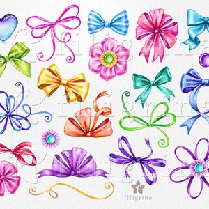 Festive BOWS Watercolor Clip Art. Bow Clipart Mix Curl, Gift, Birthday ...