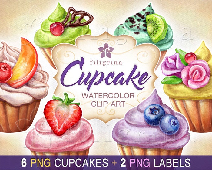 CUPCAKE Watercolor Clip Art. Assorted Dessert, Sweet Cake, Birthday ...