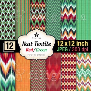 ETHNIC TEXTILE Red Green Digital Paper. Christmas Chevron, Tribal ...