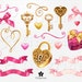 KEY Romantic WATERCOLOR Clip Art. Golden Lock, Heart, Bow, Curly Line ...
