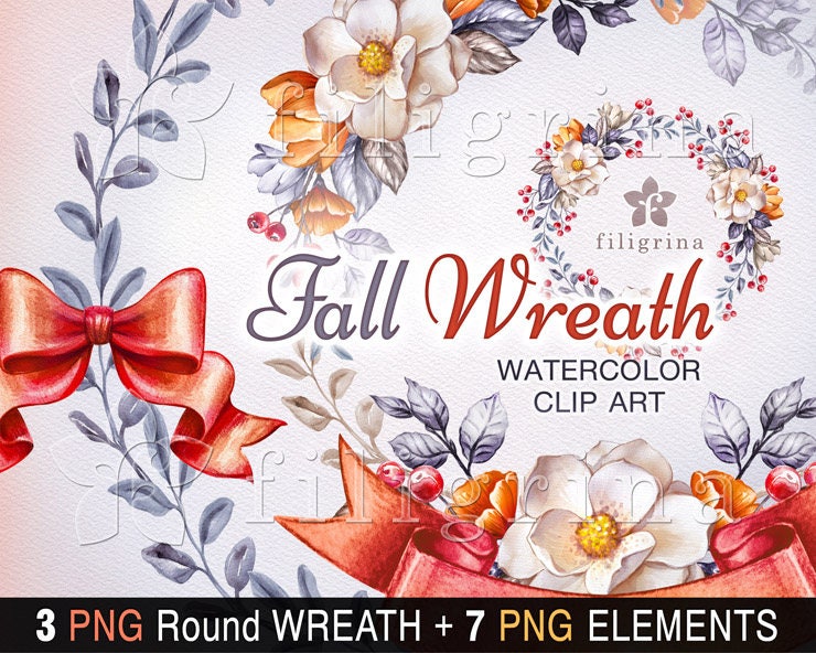 FALL WREATH Watercolor Clip Art. Autumn, Thanksgiving, Frame, Ribbon ...
