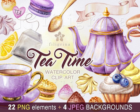 Tea Time watercolor Clip Art. purple yellow Truffle sweets | Etsy