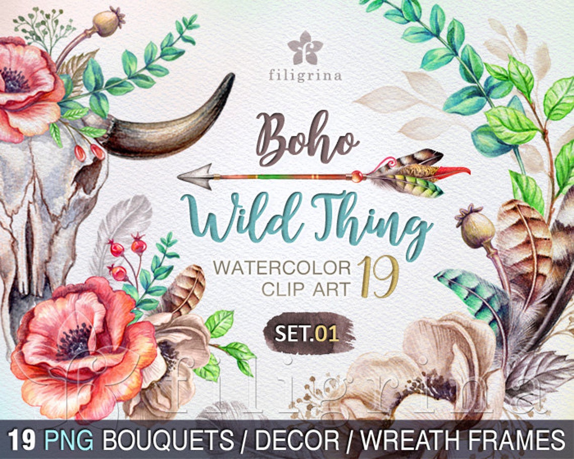 Boho WATERCOLOR Floral Clip Art. Flowers Bouquet Wreath | Etsy