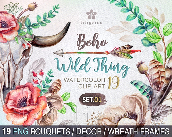 Boho WATERCOLOR Floral Clip Art. Flowers, Bouquet, Wreath, Scull, Wild ...