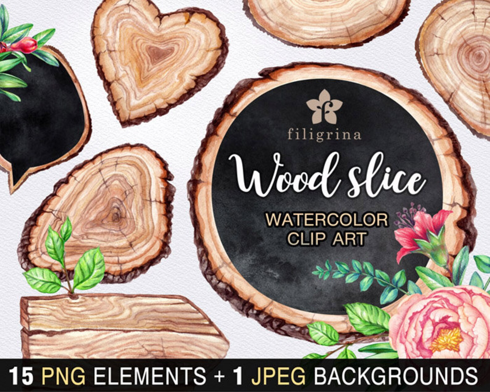 Rustic WATERCOLOR Clip Art. Wood Slice Tag, Chalkboard Banner, Vintage ...