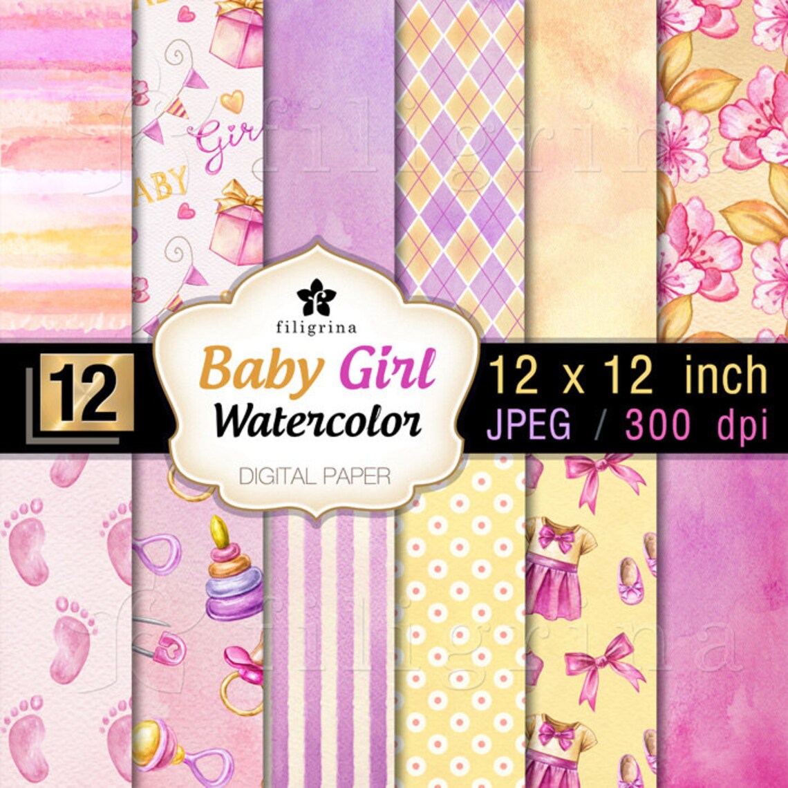 BABY GIRL Pink Yellow Digital Paper. Lines Toys Polka Dot - Etsy