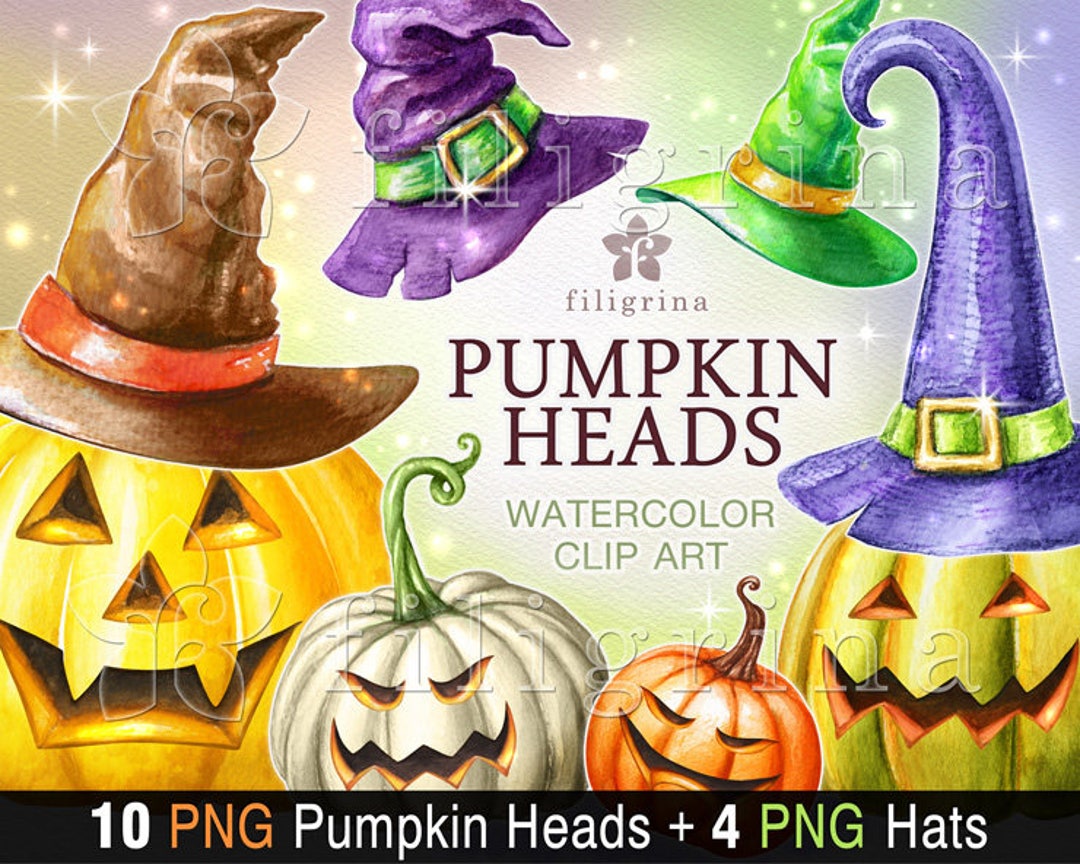 PUMPKIN HEADS Clip Art. Halloween Set, Carved Pumpkin Face, Magic Hats ...