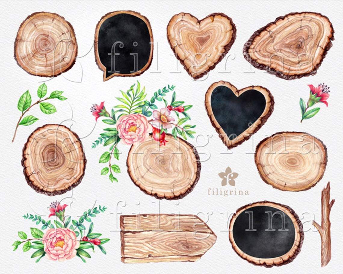Rustic WATERCOLOR Clip Art. Wood Slice Tag, Chalkboard Banner, Vintage ...