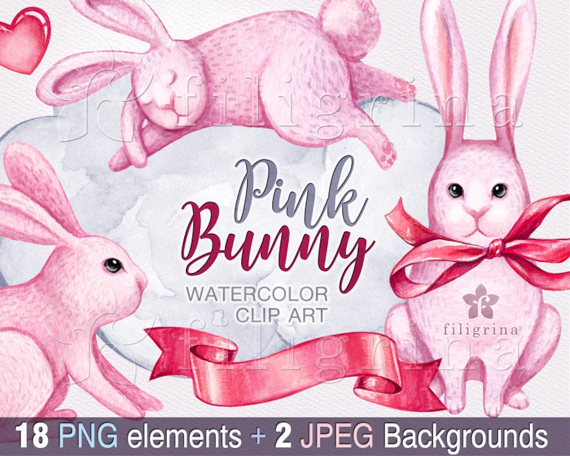Pink BUNNIES Clip Art. Rabbit Set, Bunny, Flowers, Gift, Heart ...