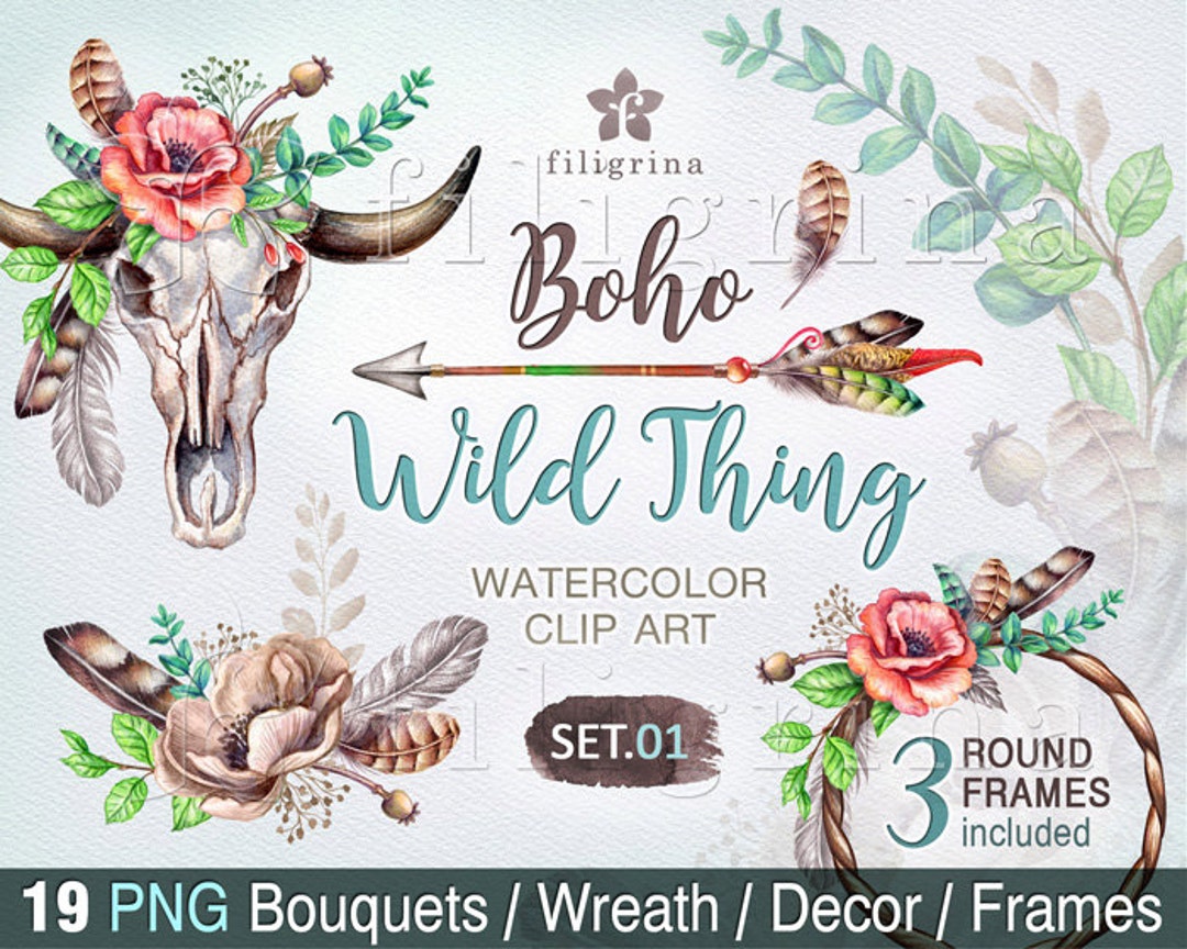 Boho WATERCOLOR Floral Clip Art. Flowers, Bouquet, Wreath, Scull, Wild ...