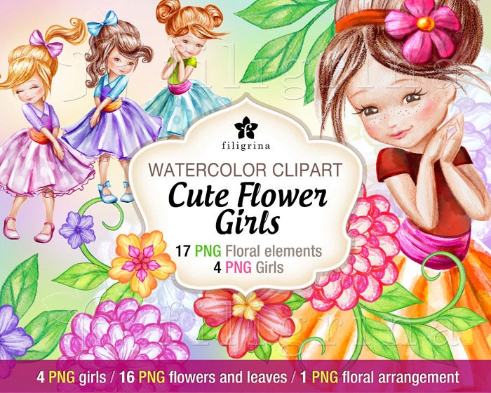 Flower Girls WATERCOLOR Clip Art 16 PNG Flower Elements - Etsy