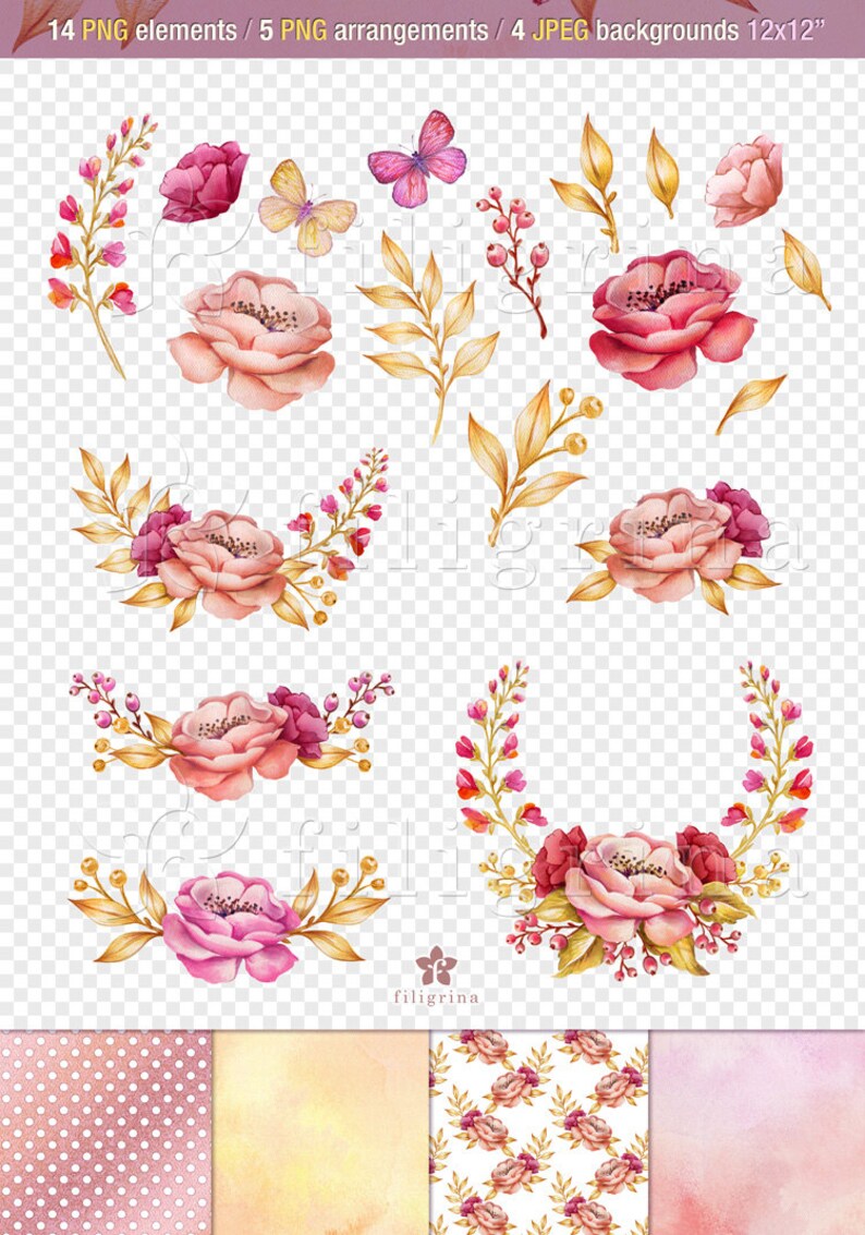 Rose Gold Flowers WATERCOLOR Clip Art Design. 19 PNG Floral - Etsy