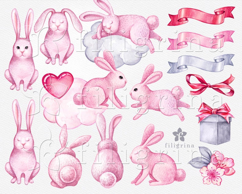 Pink BUNNIES Clip Art. Rabbit Set, Bunny, Flowers, Gift, Heart ...