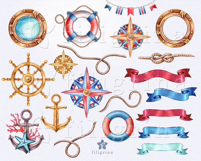 Nautical WATERCOLOR 20 Clip Art Elements 5 Backgrounds. Fishnet ...