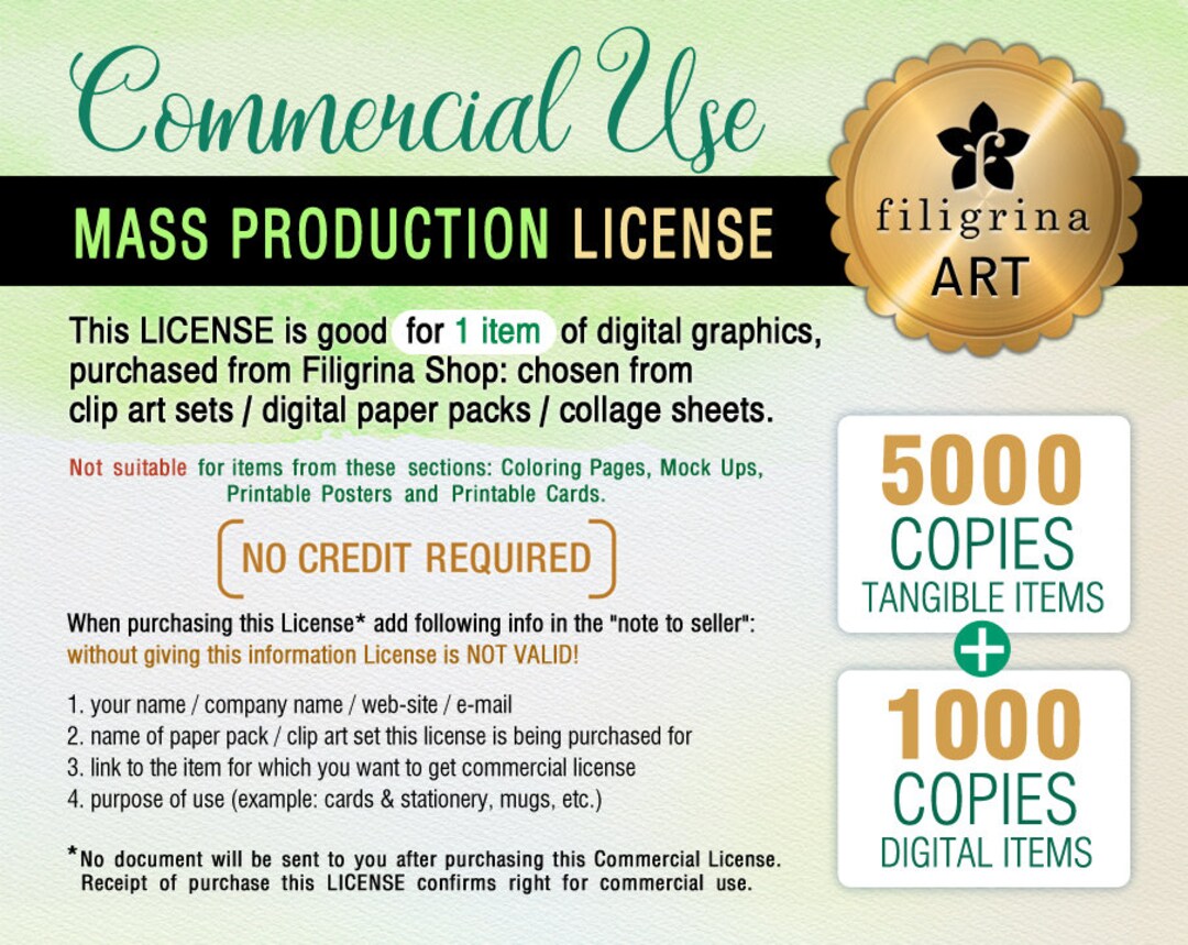 MASS PRODUCTION Commercial License. up to 5000/tangible 1000/digital ...
