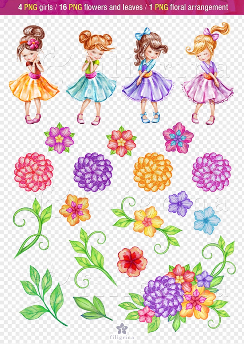 Flower Girls WATERCOLOR Clip Art 16 PNG Flower Elements, Ready to Use ...