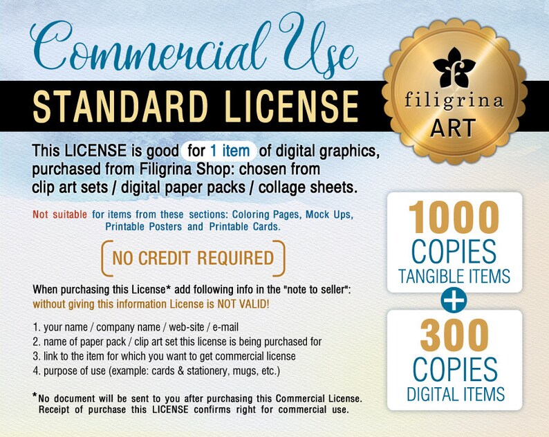 COMMERCIAL LICENSE Small Business Use up to 1000/tangible 300/digital ...