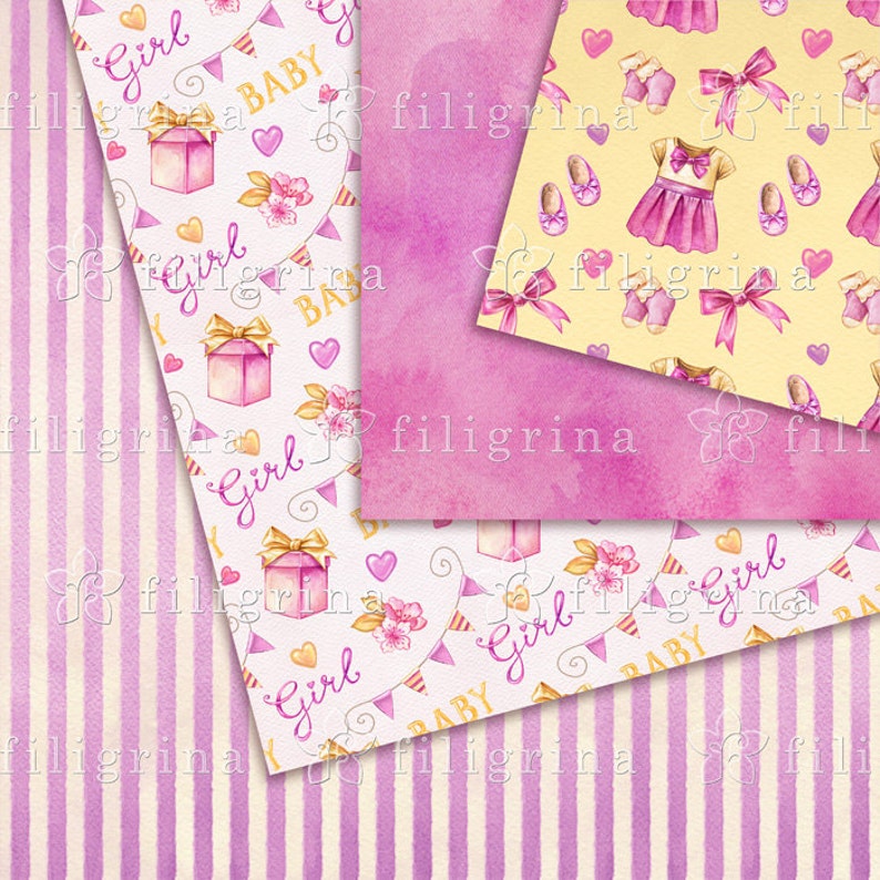 BABY GIRL Pink Yellow Digital Paper. Lines Toys Polka Dot - Etsy