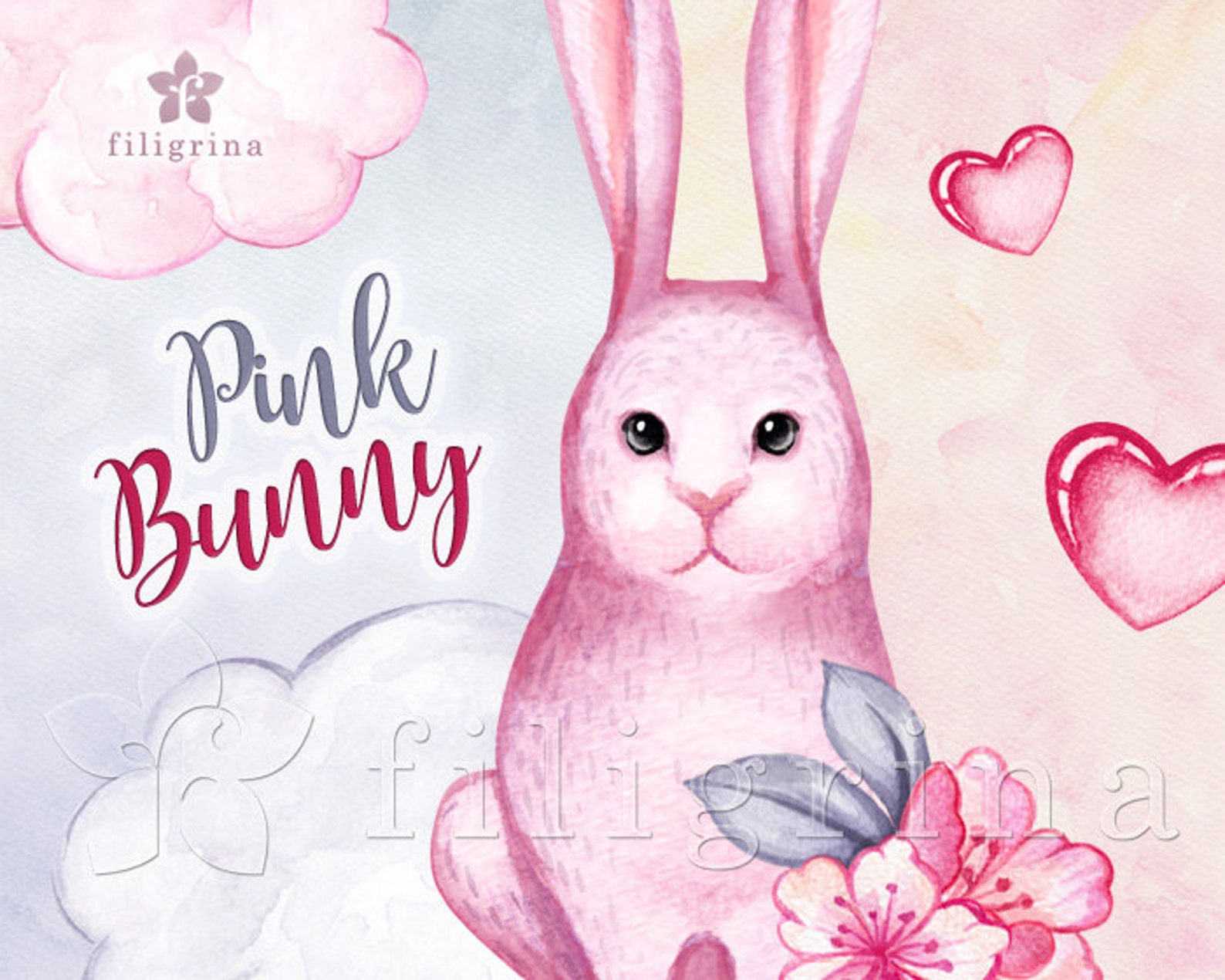 Pink BUNNIES Clip Art. Rabbit Set, Bunny, Flowers, Gift, Heart ...