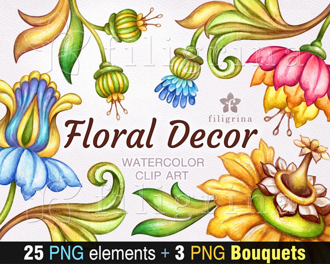 FLORAL Watercolor Clip Art. Boho Flowers Tropical Nature - Etsy