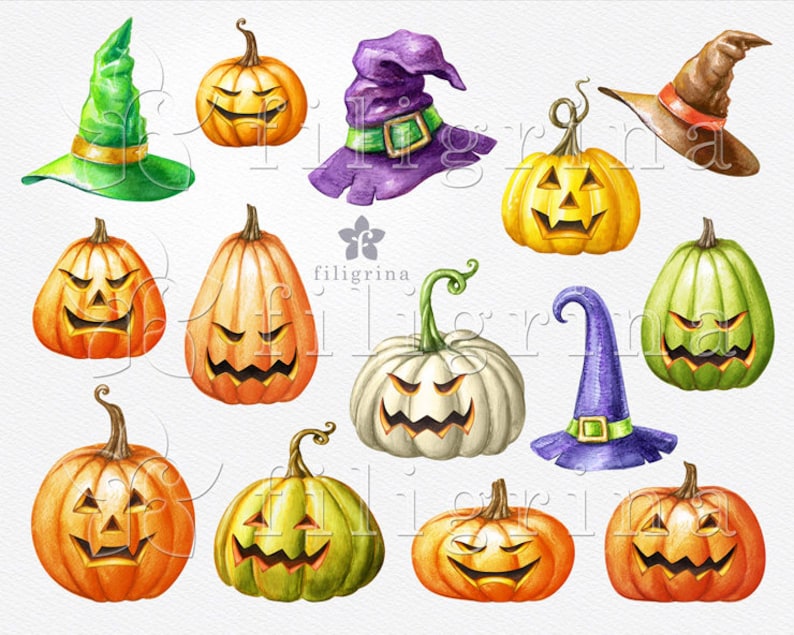 PUMPKIN HEADS Clip Art. Halloween Set, Carved Pumpkin Face, Magic Hats ...