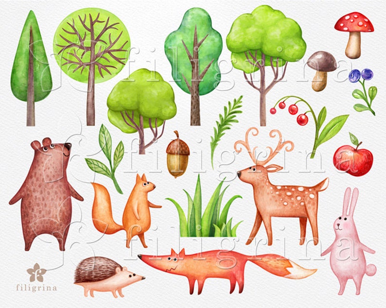 WOODLAND FRIENDS Watercolor Clip Art. Forest Trees Animals - Etsy