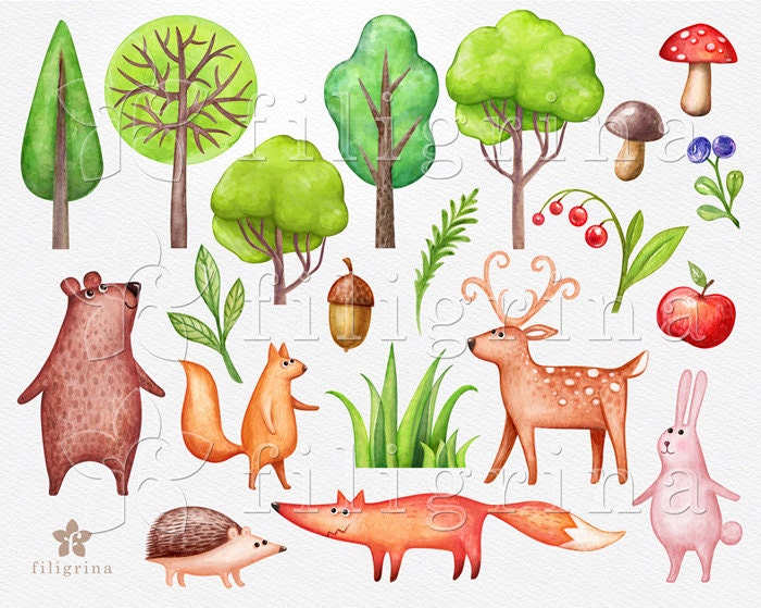 WOODLAND FRIENDS Watercolor Clip Art. Forest Trees Animals - Etsy