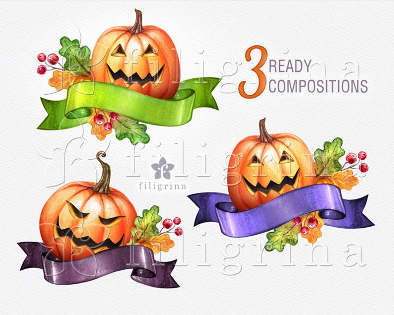 PUMPKIN HEADS Clip Art. Halloween Set, Carved Pumpkin Face, Magic Hats ...