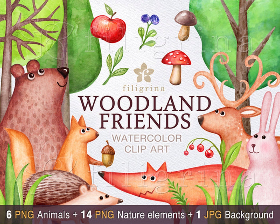 WOODLAND FRIENDS Watercolor Clip Art. Forest Trees Animals - Etsy