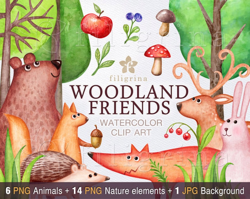 WOODLAND FRIENDS Watercolor Clip Art. Forest Trees Animals - Etsy