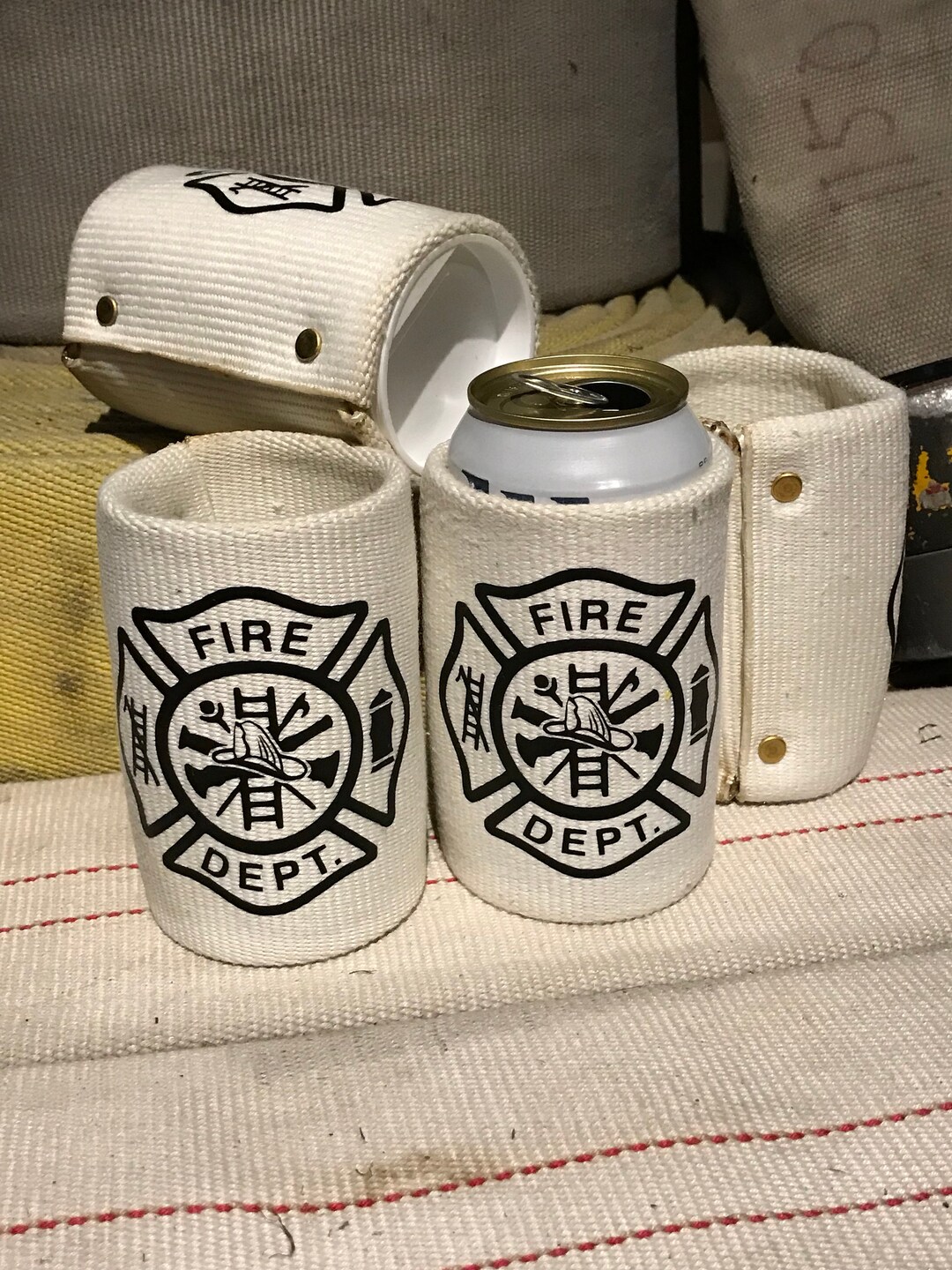 Fire Hose Maltese Cross Firefighter Can Cooler Upcycled Can Cooler ...