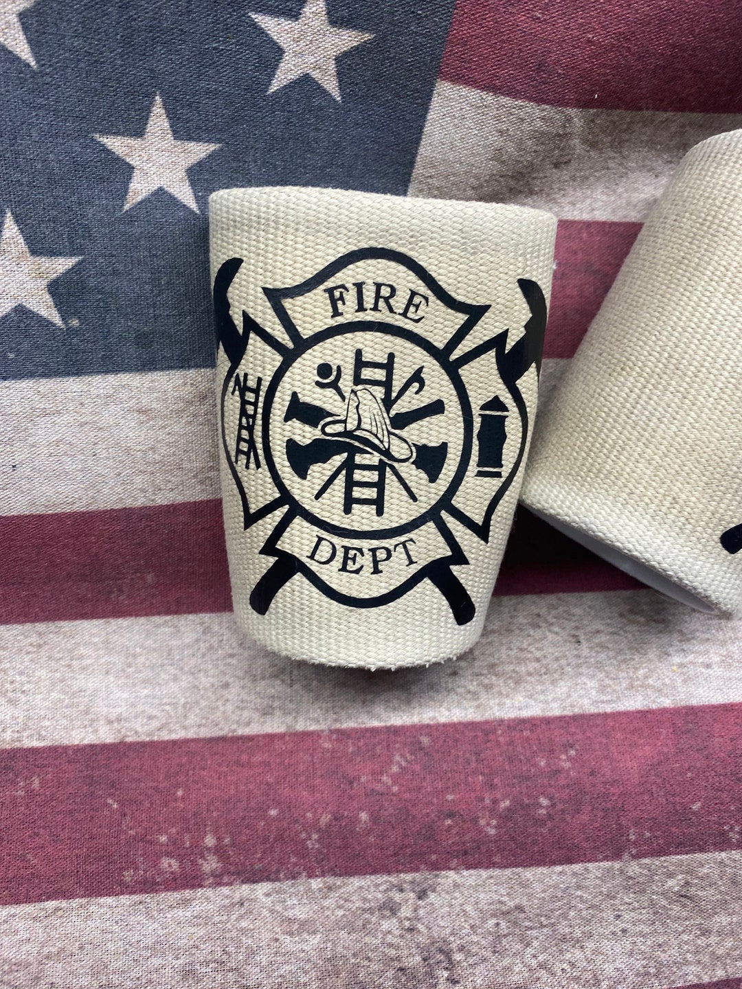 Fire Hose Maltese Cross Firefighter Can Cooler Upcycled Can Cooler ...