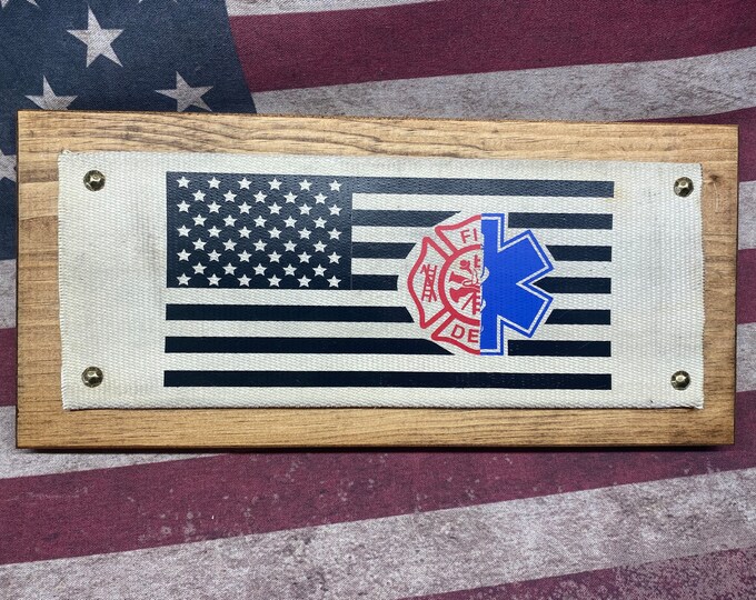 Fire Hose EMS Firefighter Flag Wall Sign Handmade Firefighter Upcycled ...