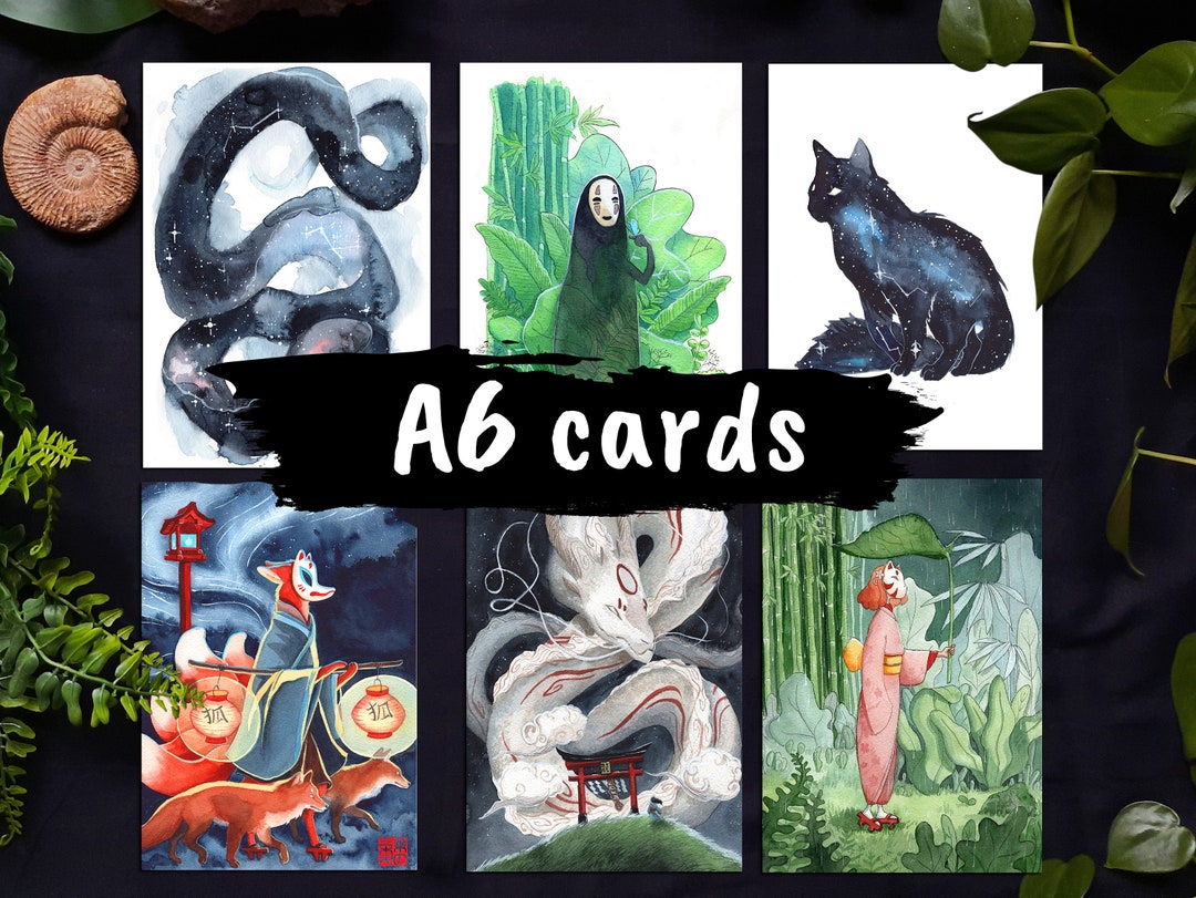 A6 Watercolor Printed Cards - Nature and Fantasy - Animals and Plants ...
