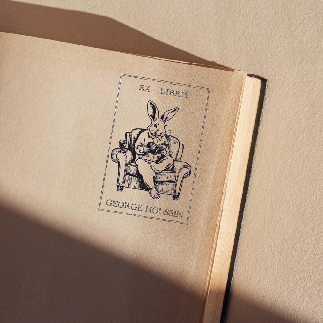 Customizable Ex-libris Ink Pad Rabbit Reading a Book, Personalized ...